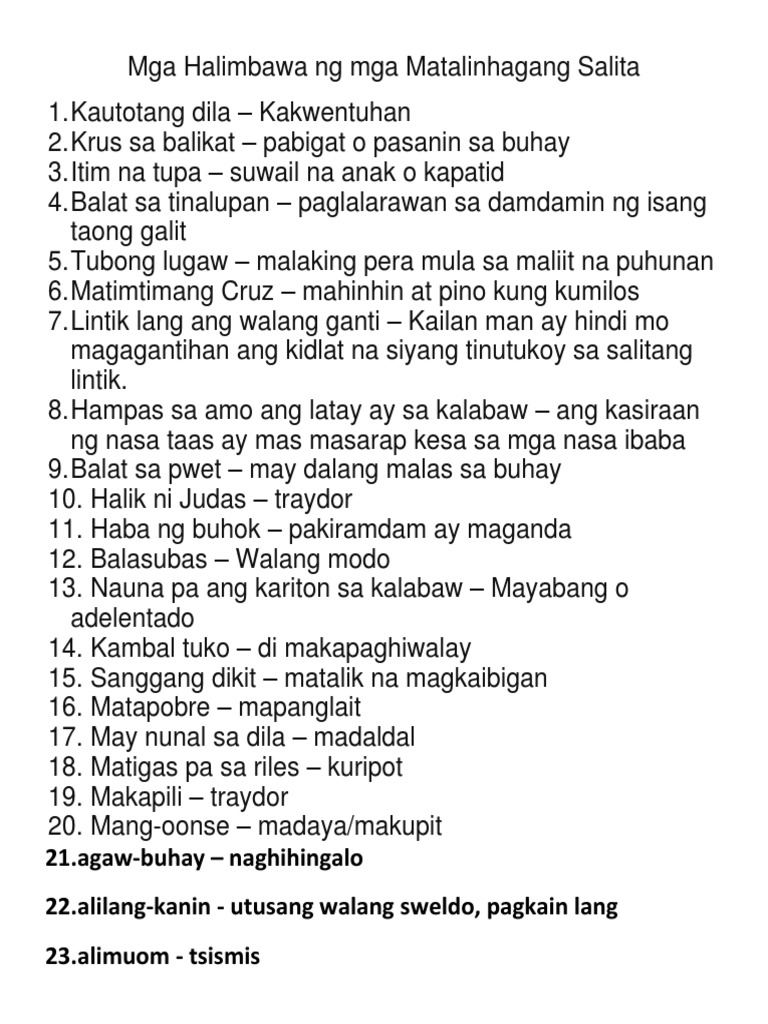 Mga Halimbawa NG Mga Matalinhagang Salita | PDF Mga Halimbawa NG Mga Matalinhagang Salita | PDF