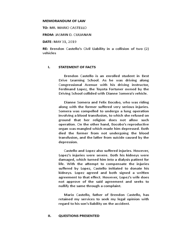 Legal Memo | PDF | Negligence | Traffic