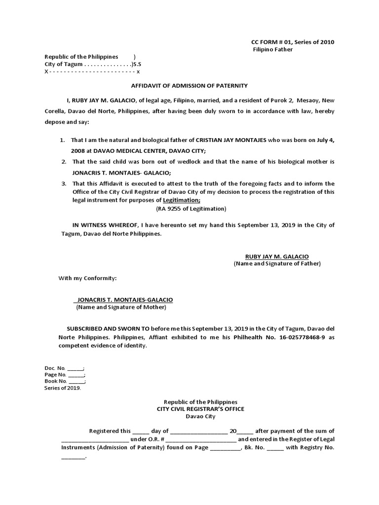Aff of Admission of Paternity Galacio | PDF | Affidavit | Family