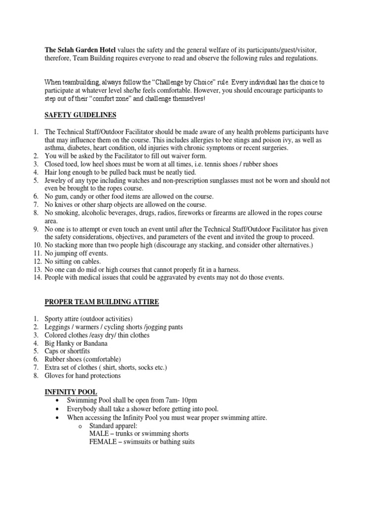 Team Building Rules and Regulations | PDF | Swimming Pool | Swimsuit
