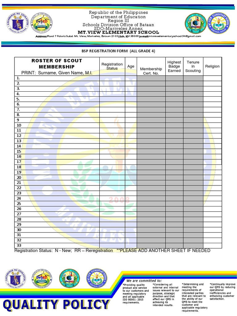 BSP Registration Form for Grade 4 | PDF