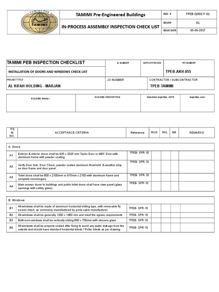 In-Process Ins Check List For Doors and Windows | PDF | Door ...