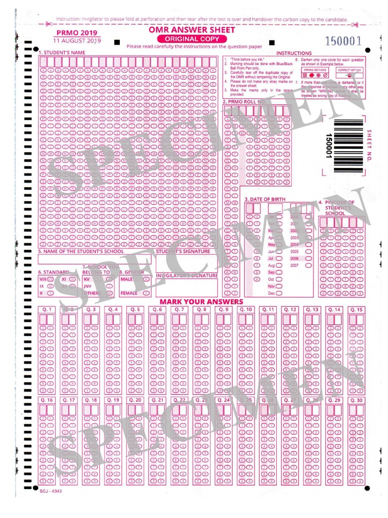 Prmo Specimen Omr Sheet | PDF
