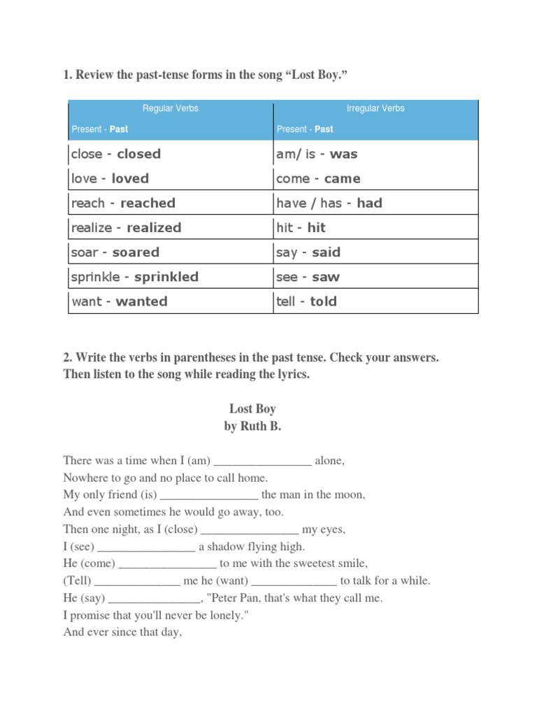 Review The Past-Tense Forms in The Song "Lost Boy.": Regular Verbs ...