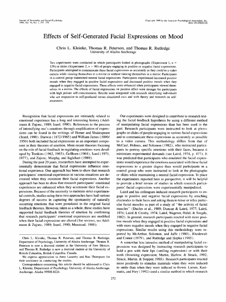 Facial Expressions Affect Mood and Emotions - Articles | PDF | Affect ...