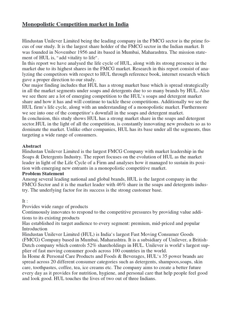 HUL - Monopolistic Competition - GRP 10 | PDF | Monopoly | Competition