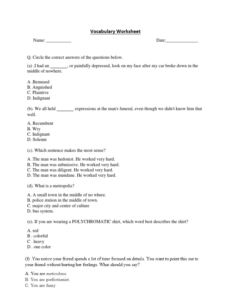 Vocabulary Worksheet | PDF | Language Arts & Discipline