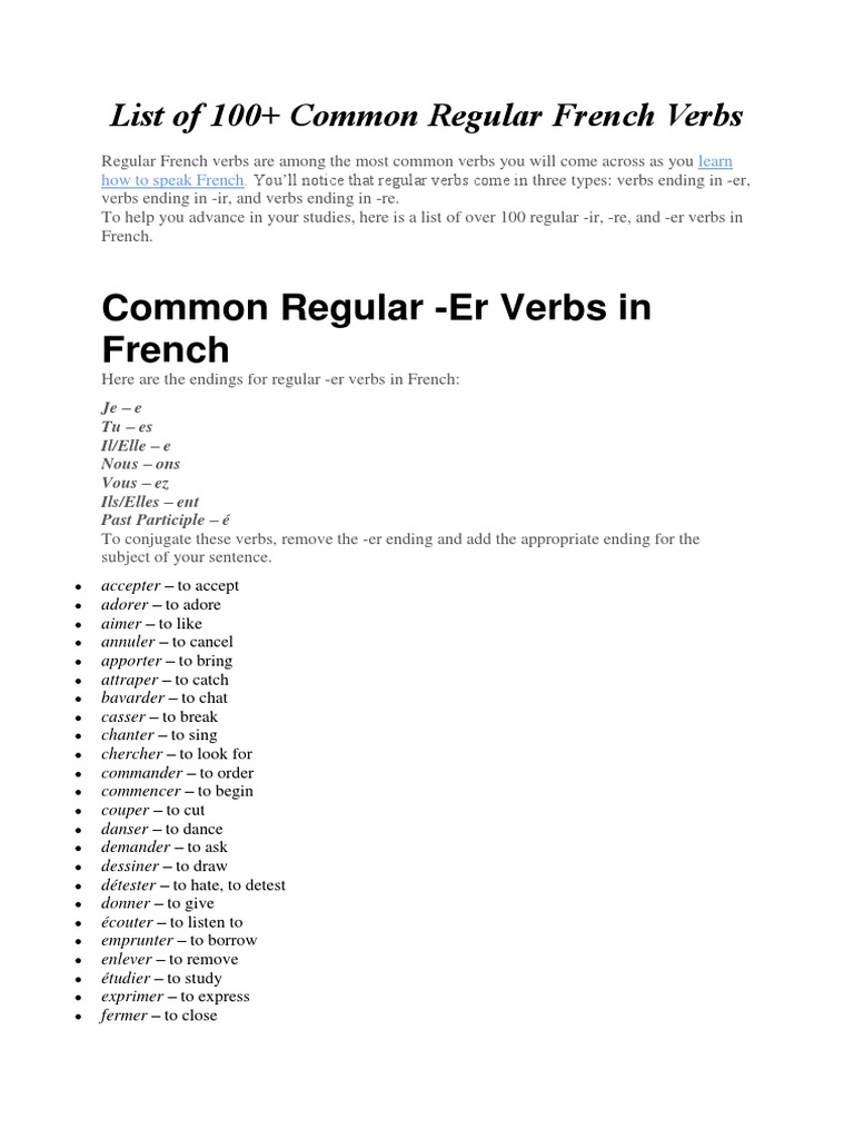 Common Regular - Er Verbs in French | PDF | French Language ...