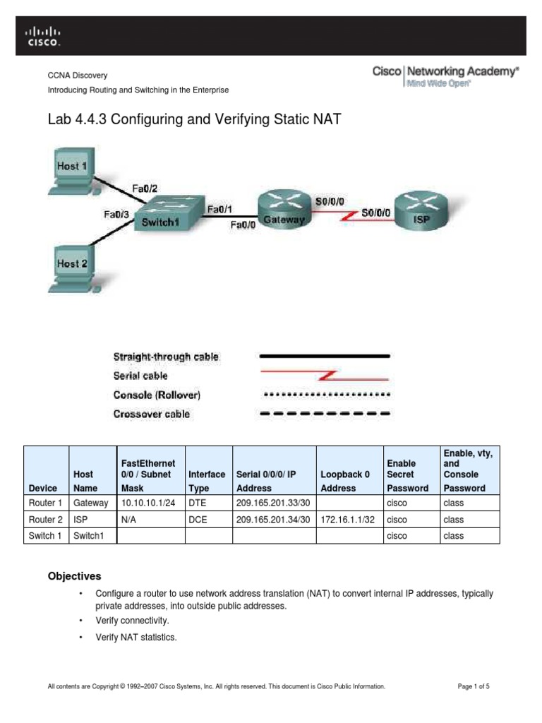 Lab 7 Configuring and Verifying Static NAT | PDF | Router (Computing) | Ip Address