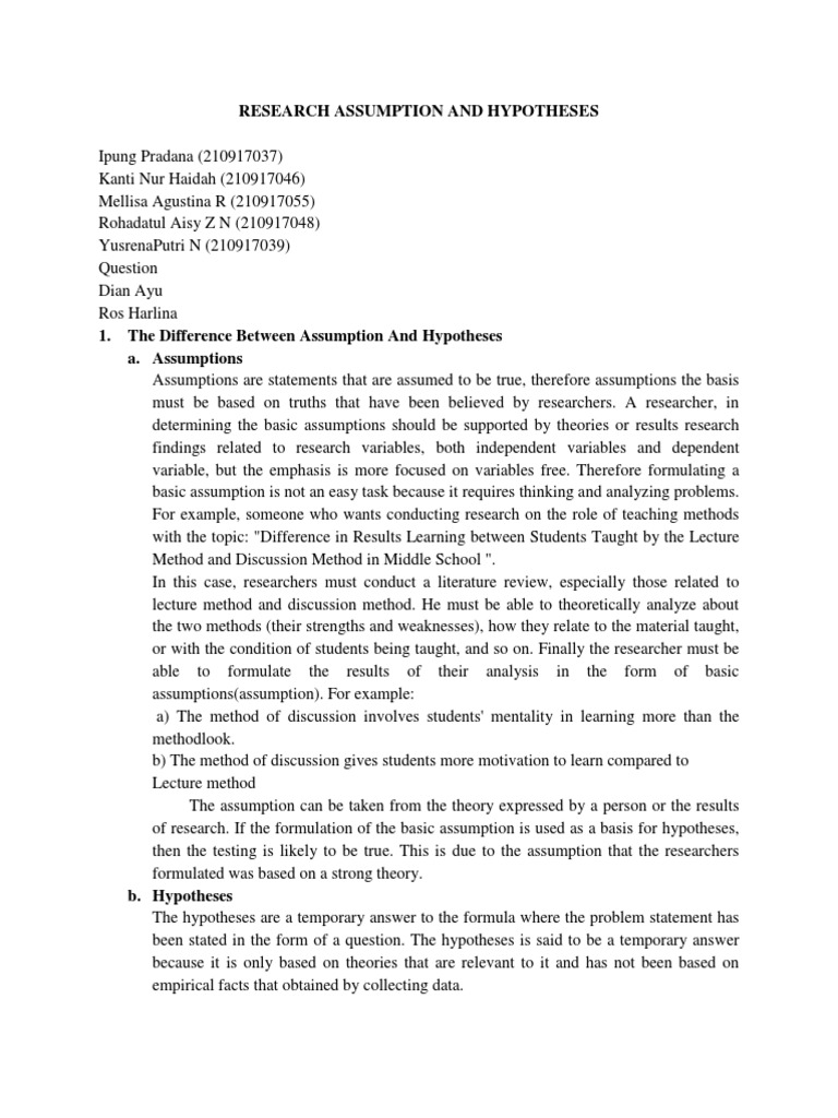 Assumptions vs. Hypotheses in Research | PDF | Hypothesis | Statistical ...