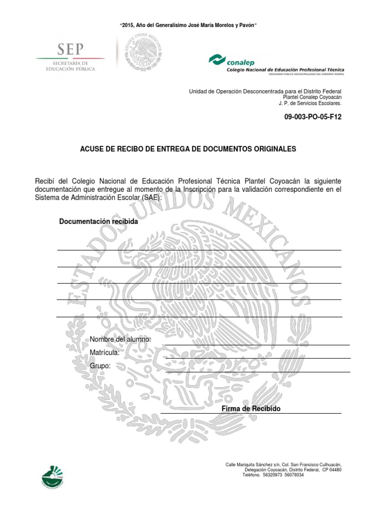 Acuse de Recibo de Entrega de Documentos Originales PDF | PDF