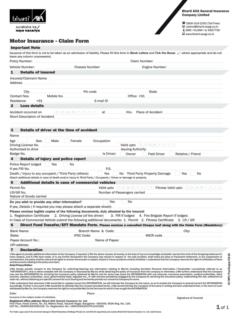 Final Motor Insurance Claim Form Two Aug2018 - 0 PDF | PDF | Vehicle ...