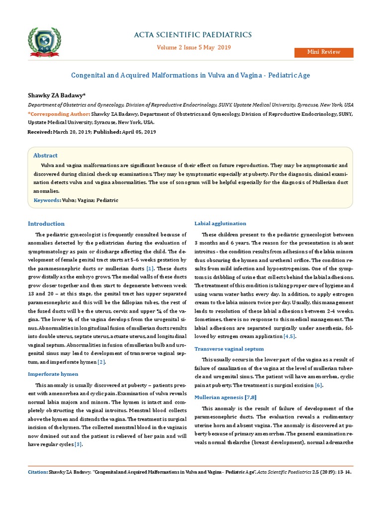 Congenital and Acquired Malformations in Vulva and Vagina - Pediatric ...