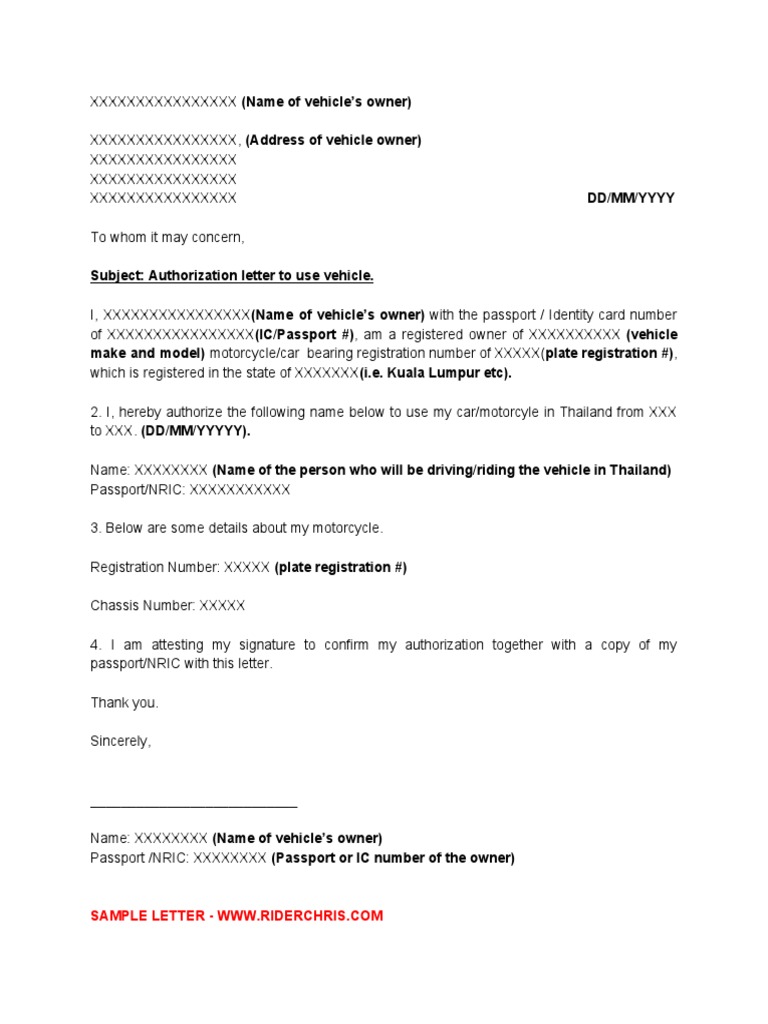 Thailand Car Motorcycle Authorization Letter From Owner Sample | PDF