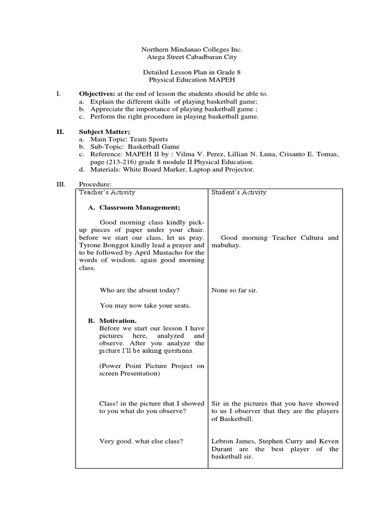 Grade 8 Basketball Lesson Plan | PDF | Leisure | Games Of Physical Skill