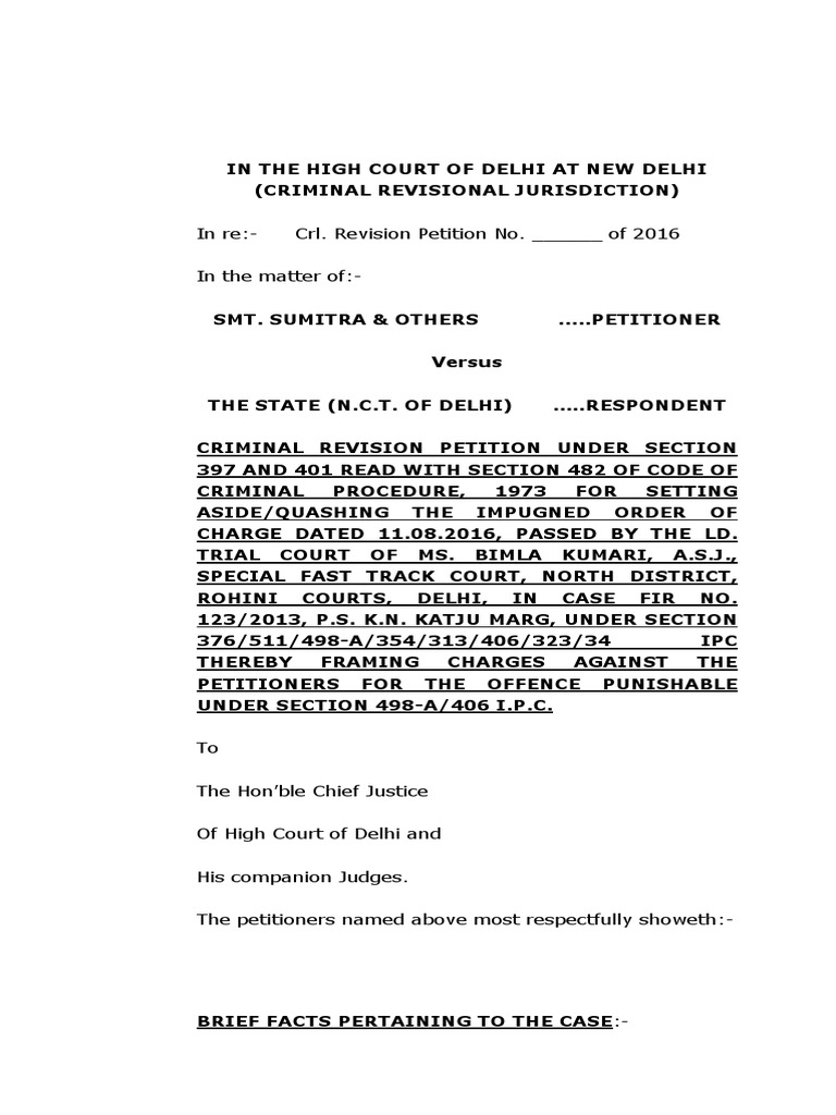 High Court Criminal Revision Petition Seeking Quashing of Charges | PDF ...