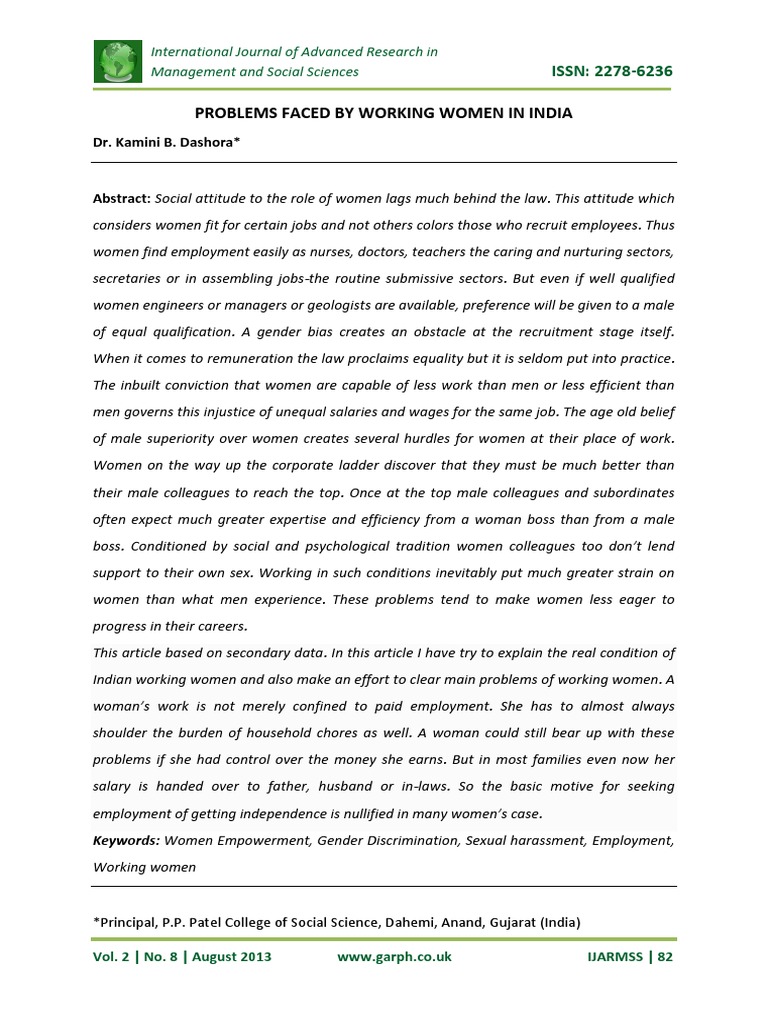 Problems Faced by Working Women in India: Dr. Kamini B. Dashora | PDF ...