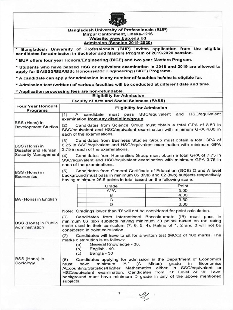 BUP Admission Circular 2019-20 | Download Free PDF | University And ...