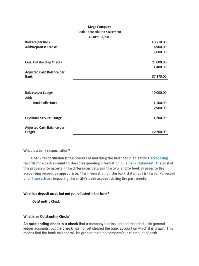 Adjusted Cash Balance Per Bank: Accounting Records Bank Statement | PDF ...