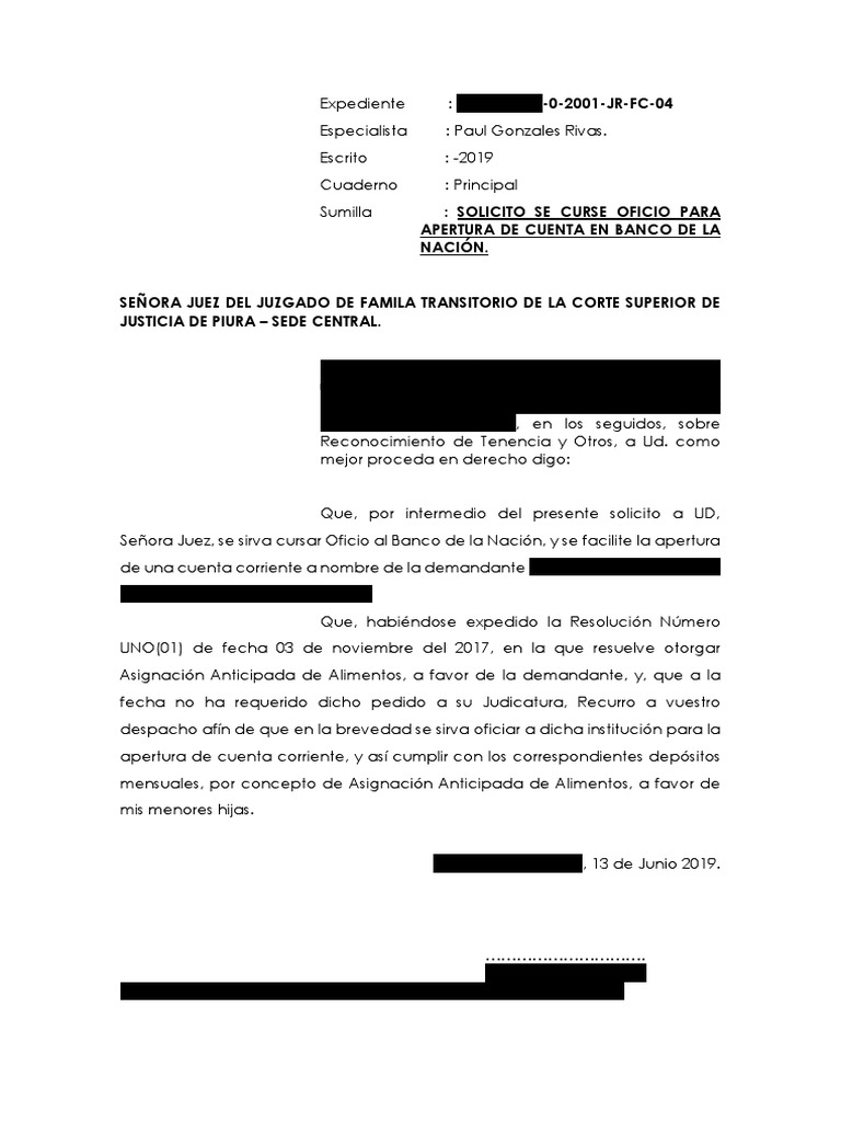 Solicitud de oficio al Banco de la Nación para apertura de cuenta ...
