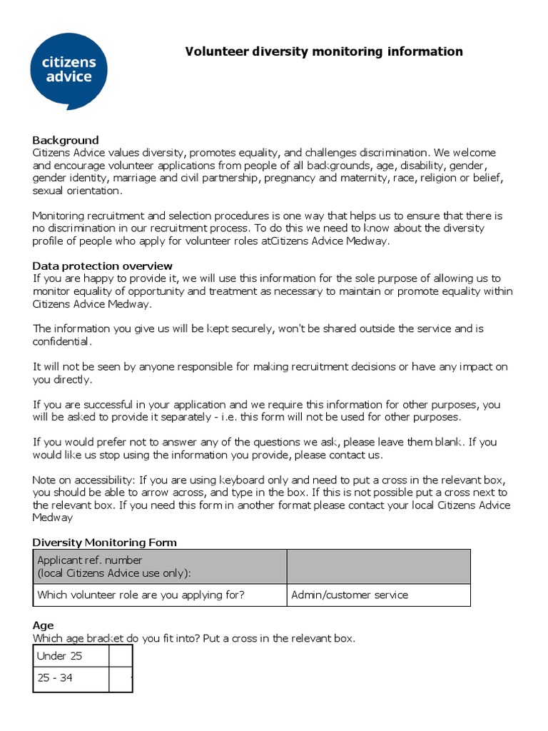 Volunteer Diversity Monitoring Form | PDF | Equal Opportunity ...