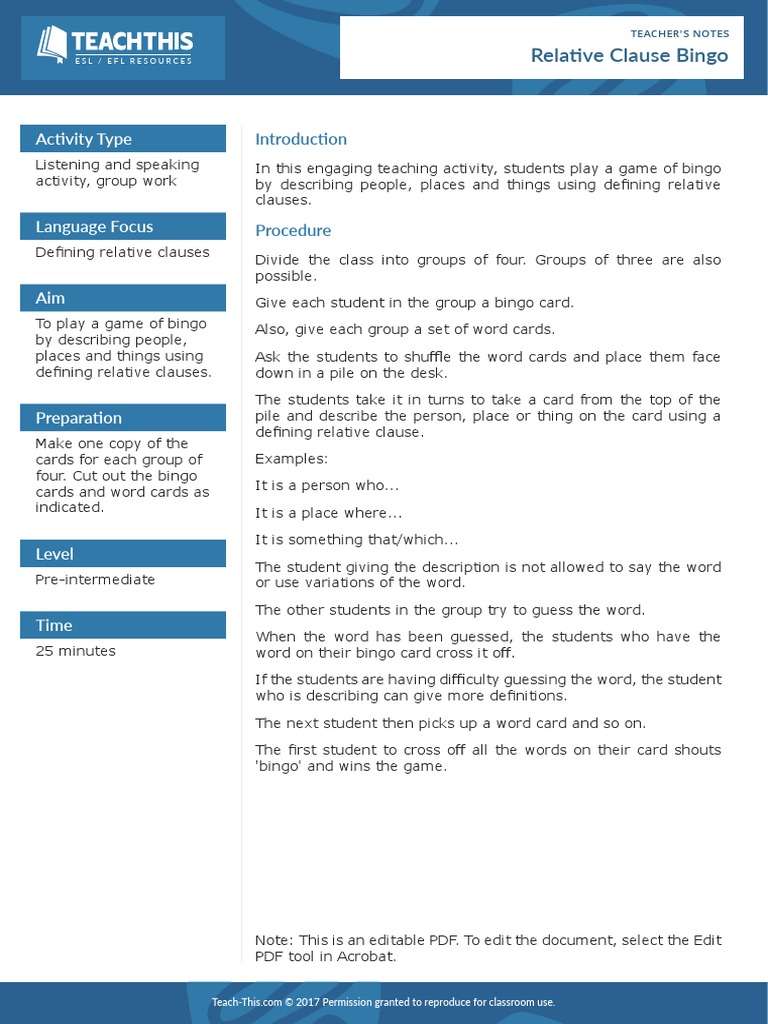 Relative Clause Bingo: Activity Type | PDF | English As A Second Or ...