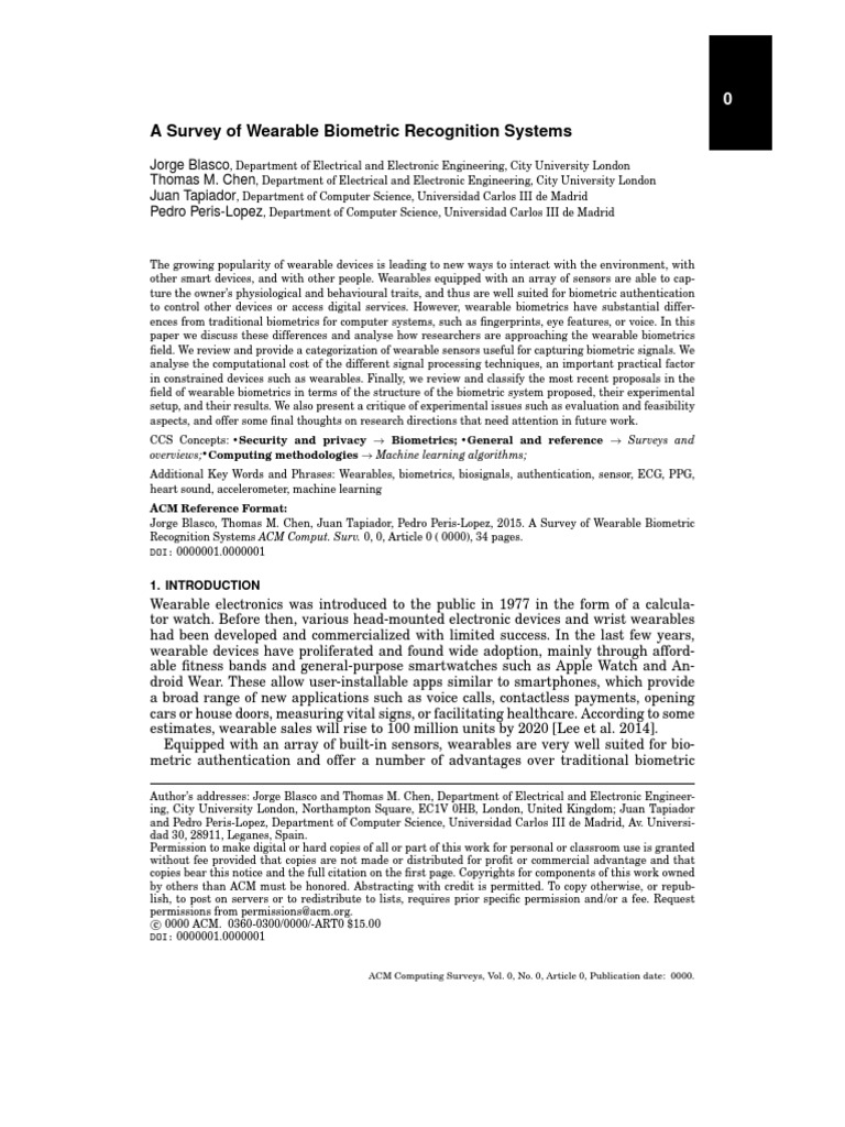 Survey of Wearable Biometric Device PDF | PDF | Biometrics | Authentication