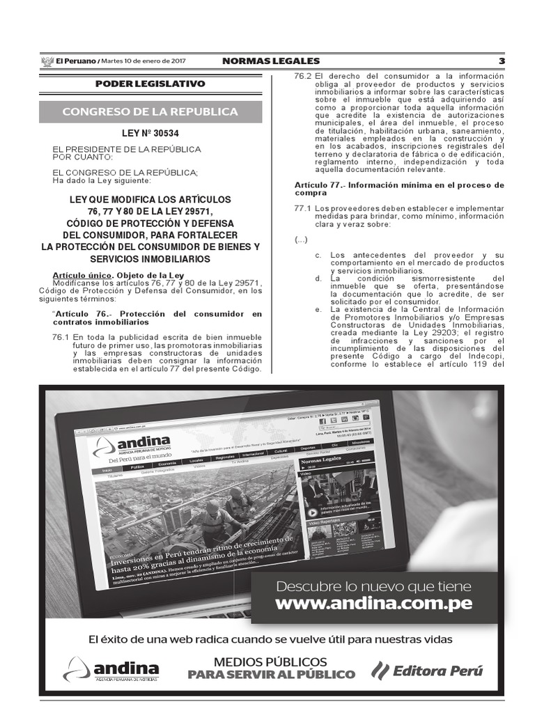 Ley Que Modifica Los Articulos 76 77 y 80 de La Ley 29571 Ley N 30534 1472086 1 | PDF | Los ...