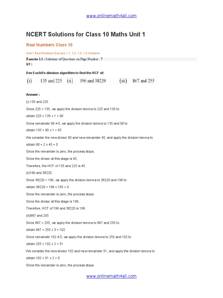 NCERT Solutions For Class 10 Maths Unit 1 | PDF | Rational Number ...