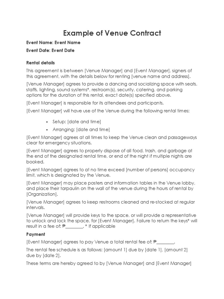 Example of Venue Contract: Event Name: Event Name Event Date: Event ...