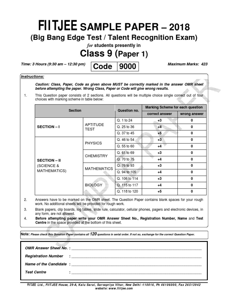 Fiitjee: Sample Paper | PDF | Acceleration | Force