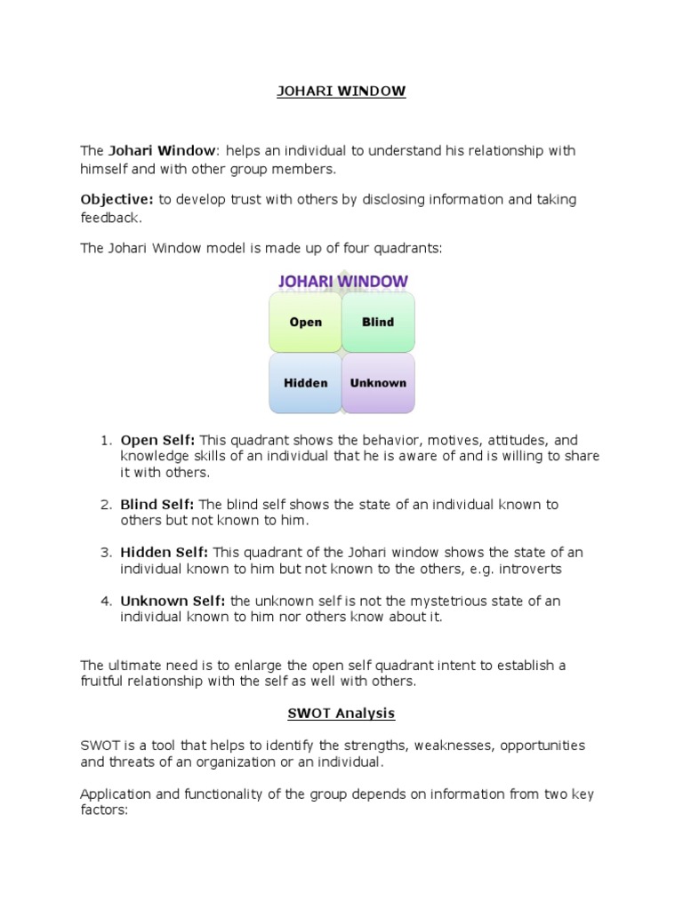 Johari, SWOT - Pointer Notes | PDF | Swot Analysis | Goal