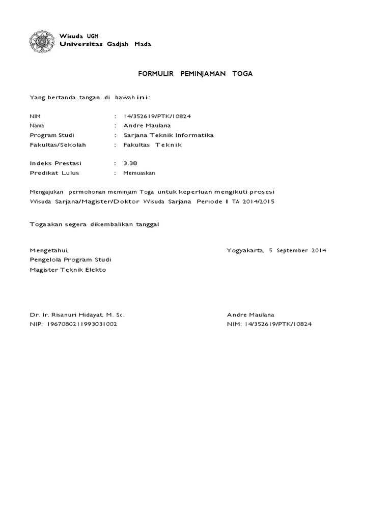 Formulir Peminjaman Toga Sarjana UGM | PDF