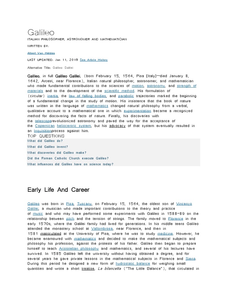 Galileo: Early Life and Career | Download Free PDF | Galileo Galilei ...