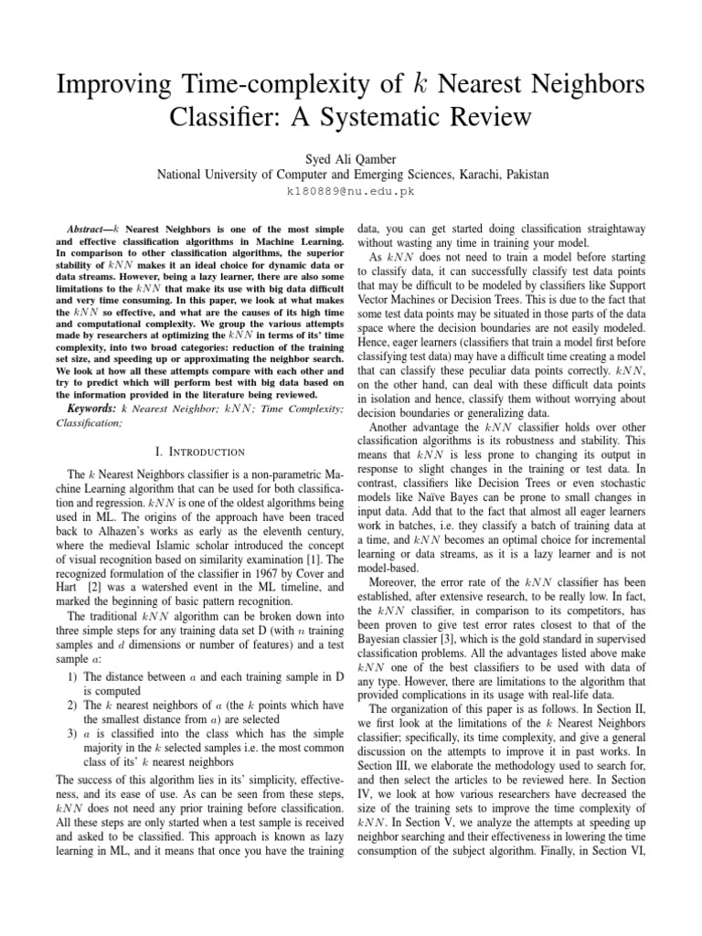 Improving Time Complexity Of K Nearest Neighbors Classifier A Systematic Review Pdf Cluster