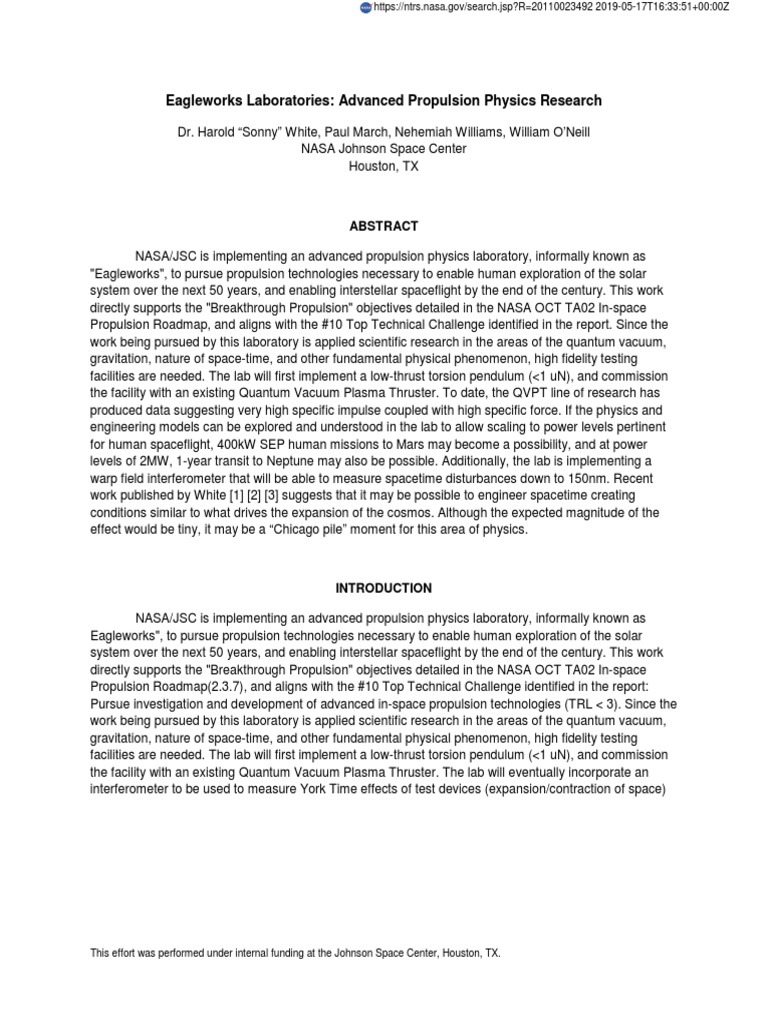 Eagleworks Laboratories: Advanced Propulsion Physics Research | PDF ...