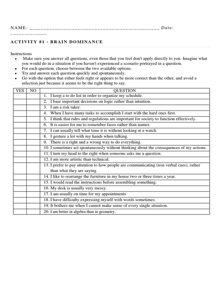 Activity (Brain Dominance Test) | PDF