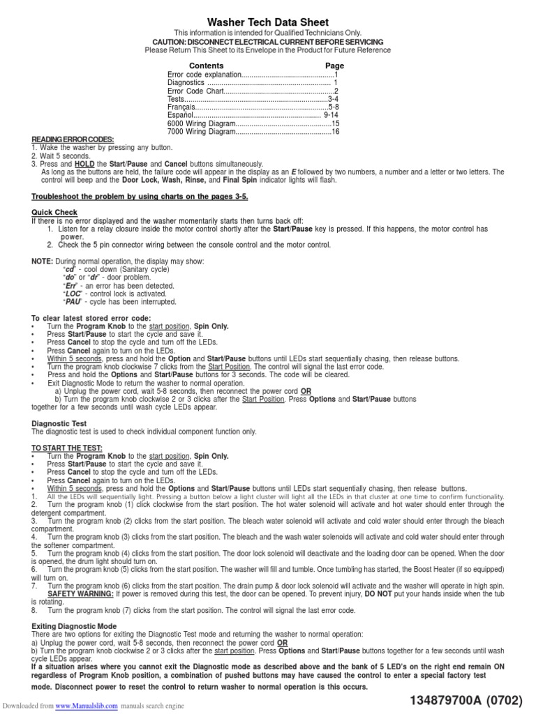 Washer Tech Data Sheet: Contents Page | PDF | Washing Machine | Leak
