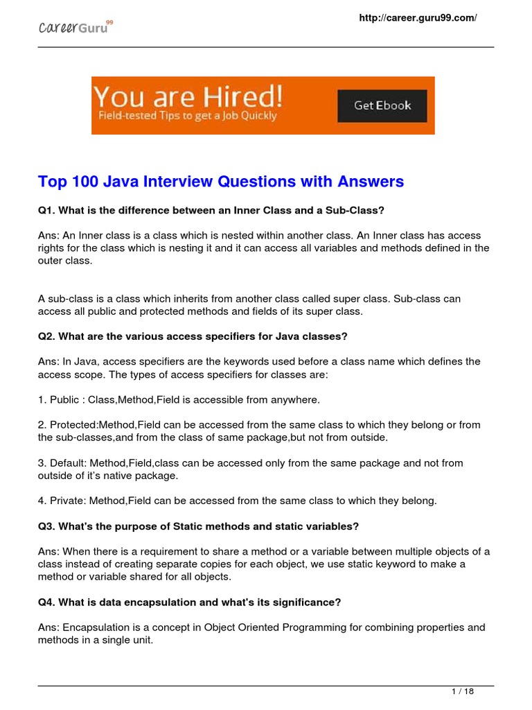 Top 100 Java Interview Questions With Answers: Q1. What Is The Difference Between An Inner Class ...