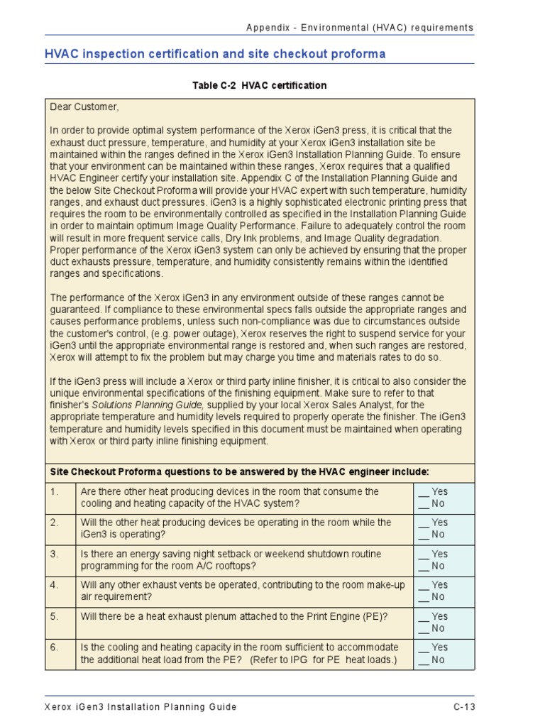 HVAC Inspection Certification and Site Checkout Proforma | Download ...