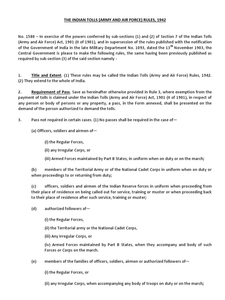 The Indian Tolls (Army and Air Force) Rules 1942 PDF | PDF | Officer ...