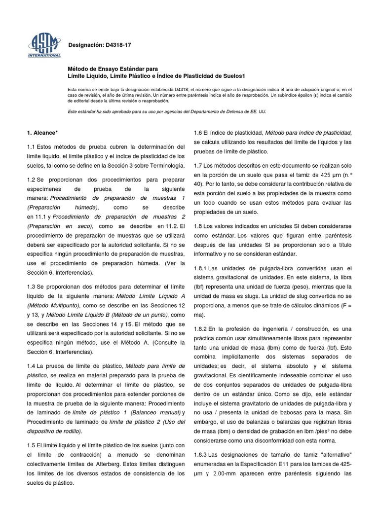 Astm D4318-17 | PDF | Aluminio | Plasticidad (Física)