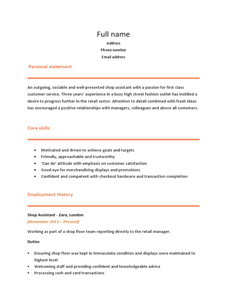 Shop Assistant CV Template | PDF