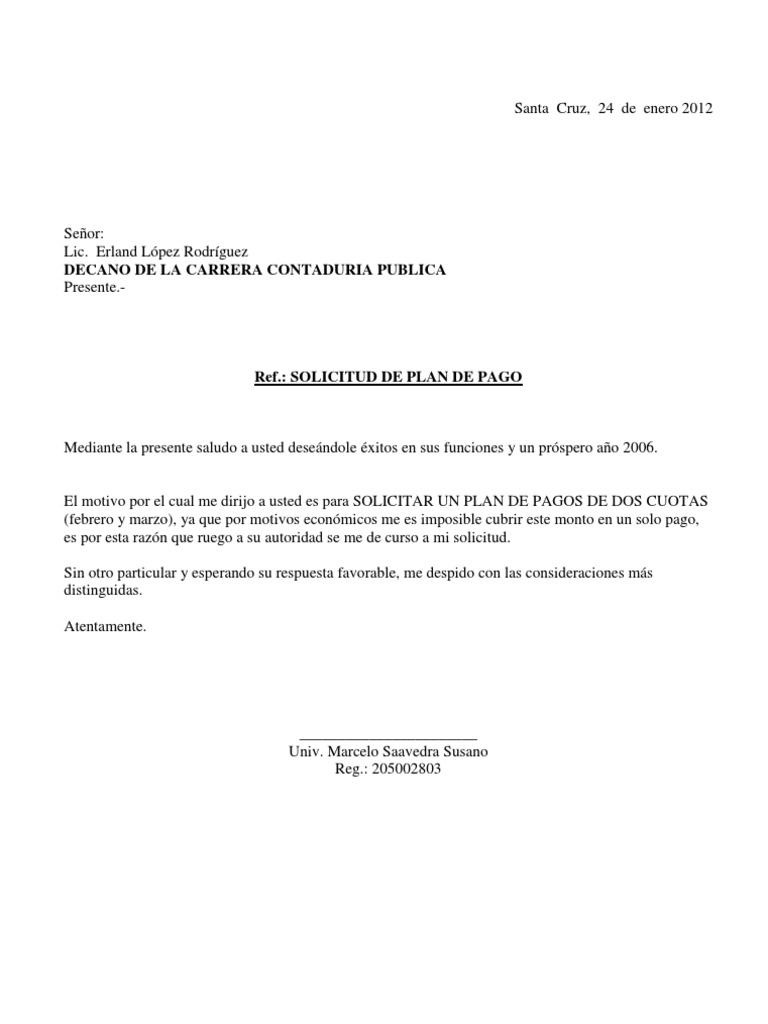 Modelo Solicitud Plan de Pagos | PDF