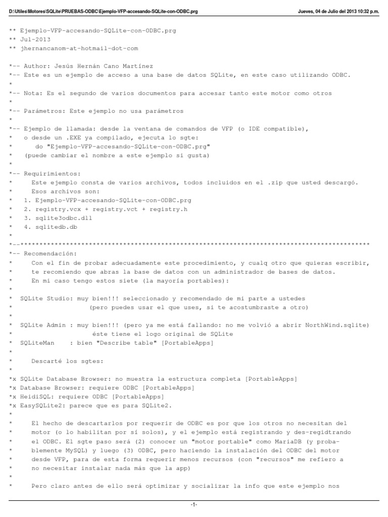 Ejemplo VFP Accesando SQLite Con ODBC | PDF | SQL | Ingeniería de software