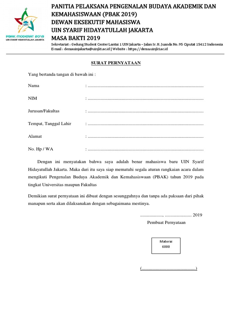 Surat Pernyataan Pbak Uin PDF | PDF