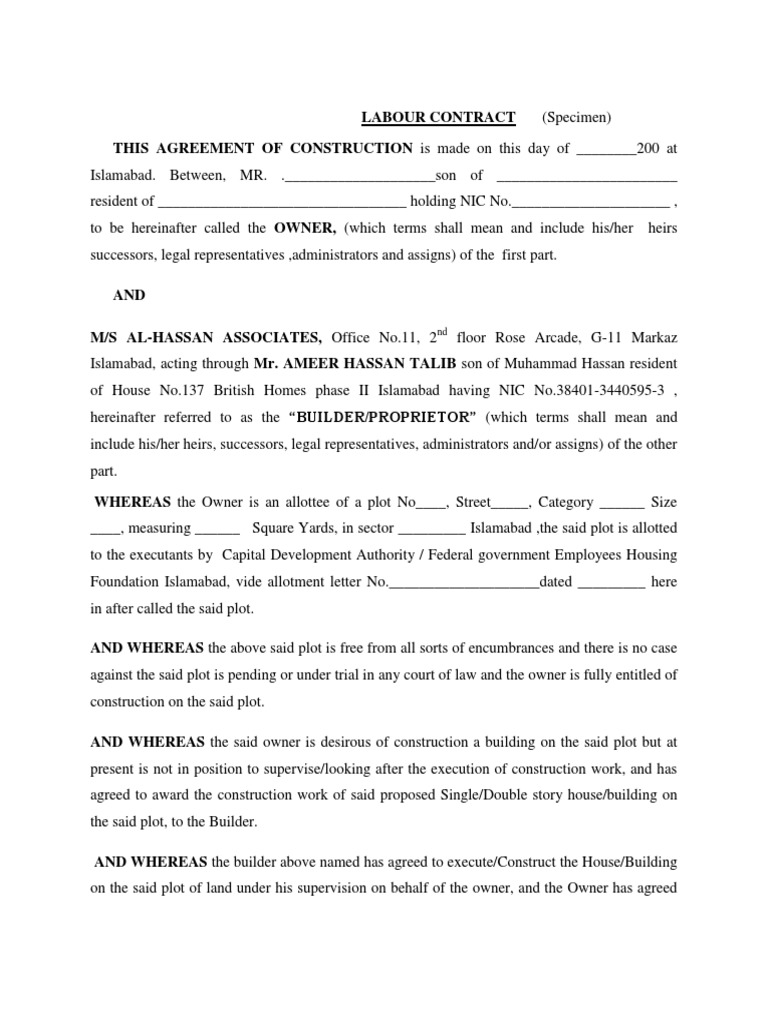 Labour Contract | PDF | General Contractor | Economic Sectors