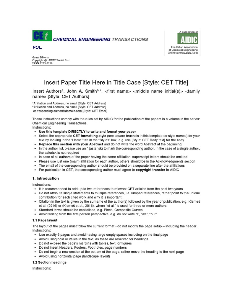Insert Paper Title Here in Title Case (Style: CET Title) : Chemical ...