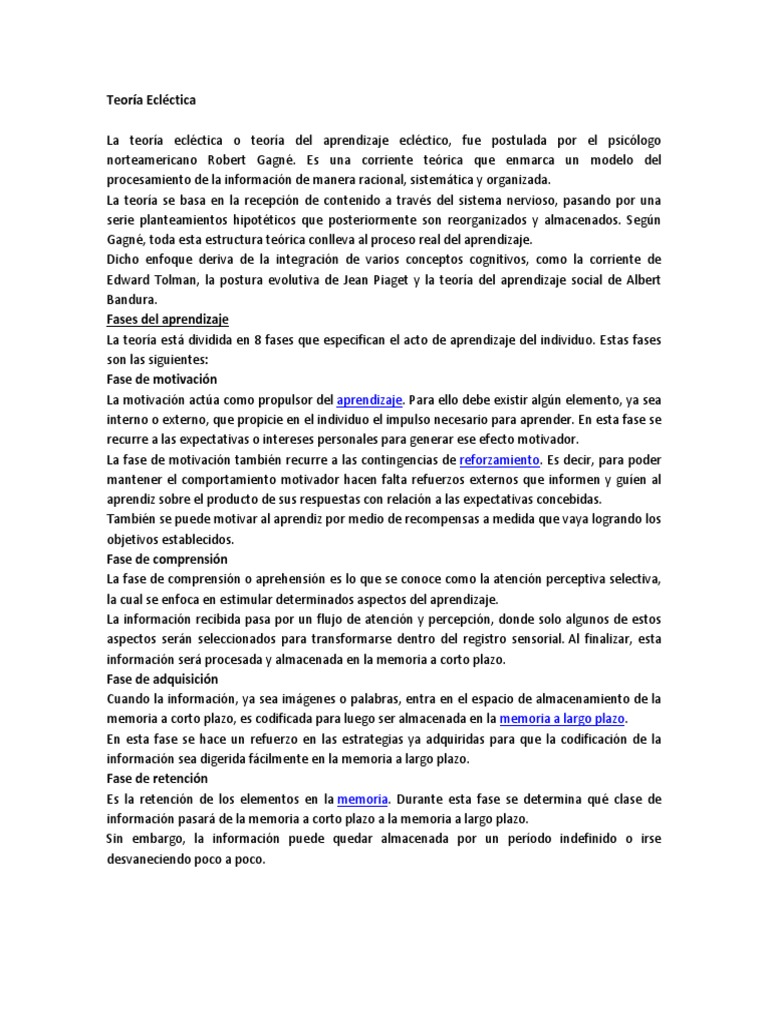 Teoría Ecléctica de Aprendizaje de Gagné | PDF | Memoria | Motivación