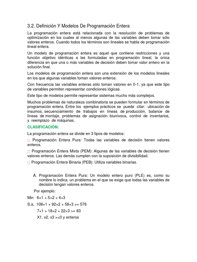 Modelos y Definición de Programación Entera | PDF | Programación lineal ...